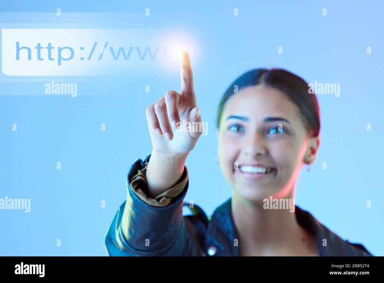 Hologram, futuristic and woman typing, link and connection against a ...