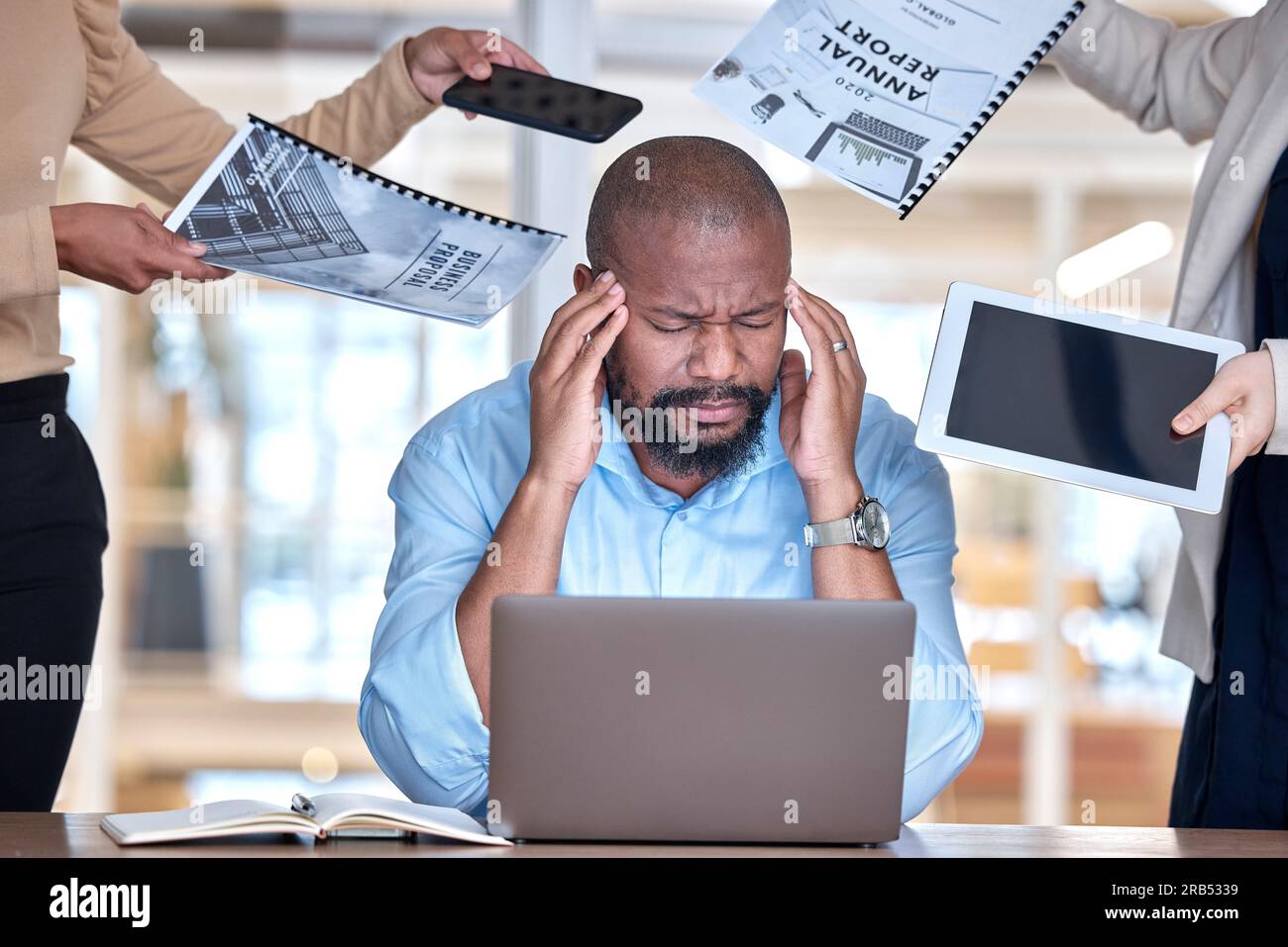 Sad overwhelmed businessman documents tablet hi-res stock photography ...