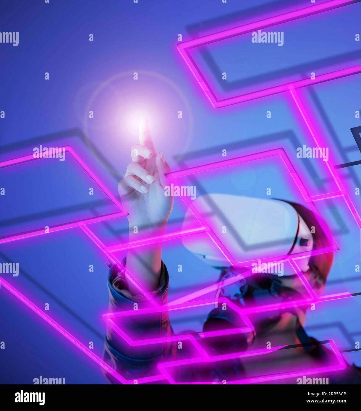 VR, cyberpunk and person hands in future technology, maze and software ...