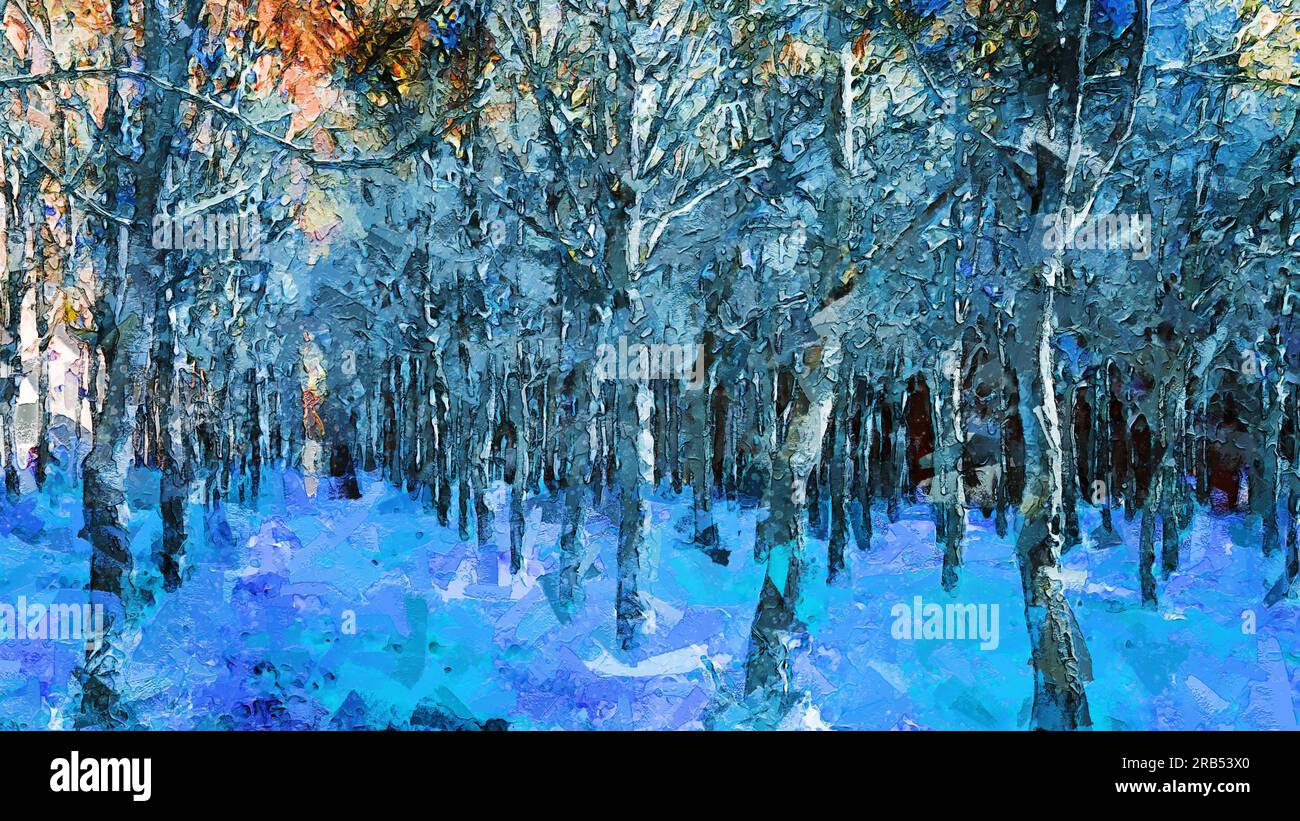 Digital impressionistic oil painting illustration of a forest in winter ...