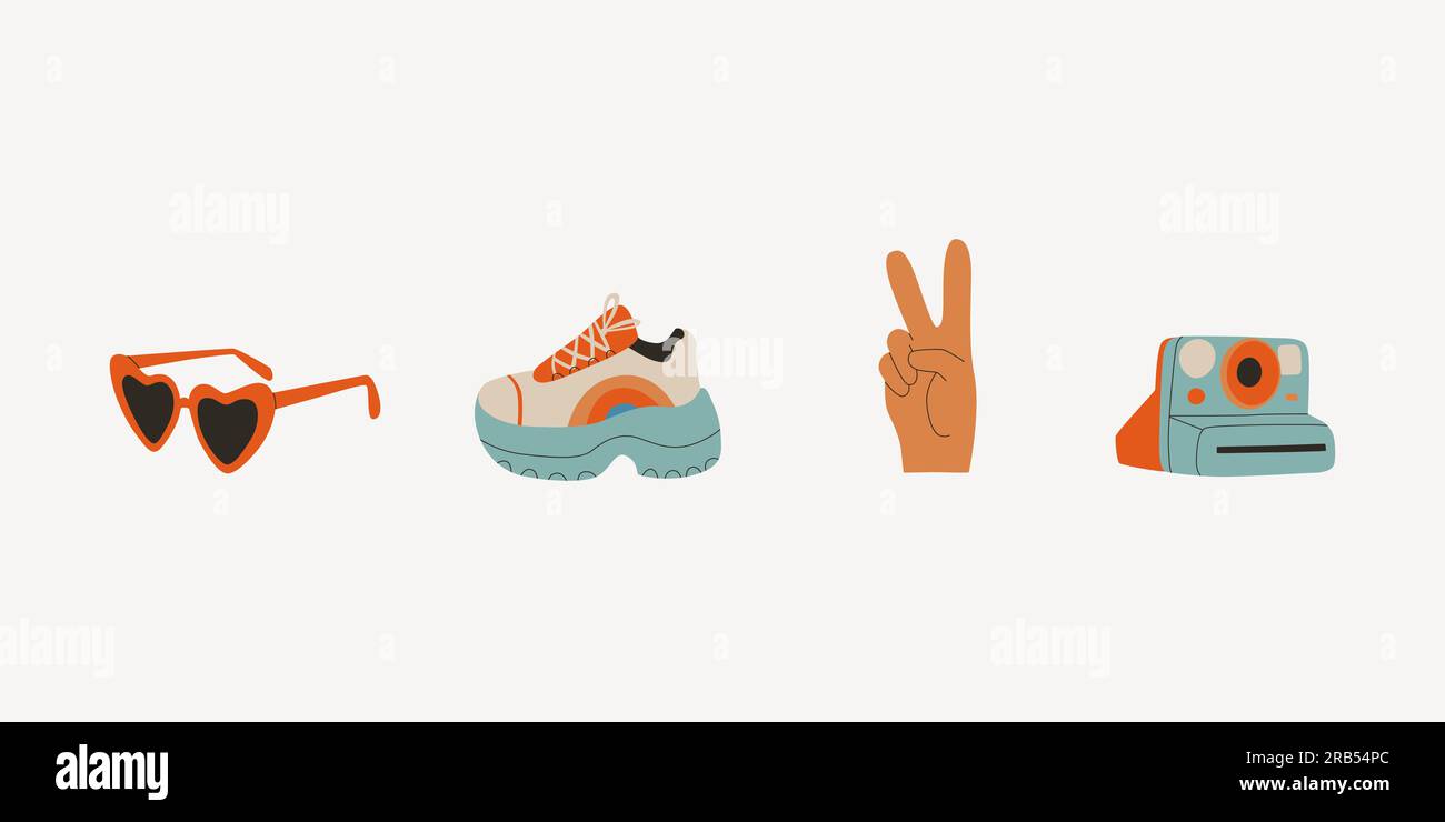 Set of retro elements from the 80s and 90s. Hand gesture peace, running ...