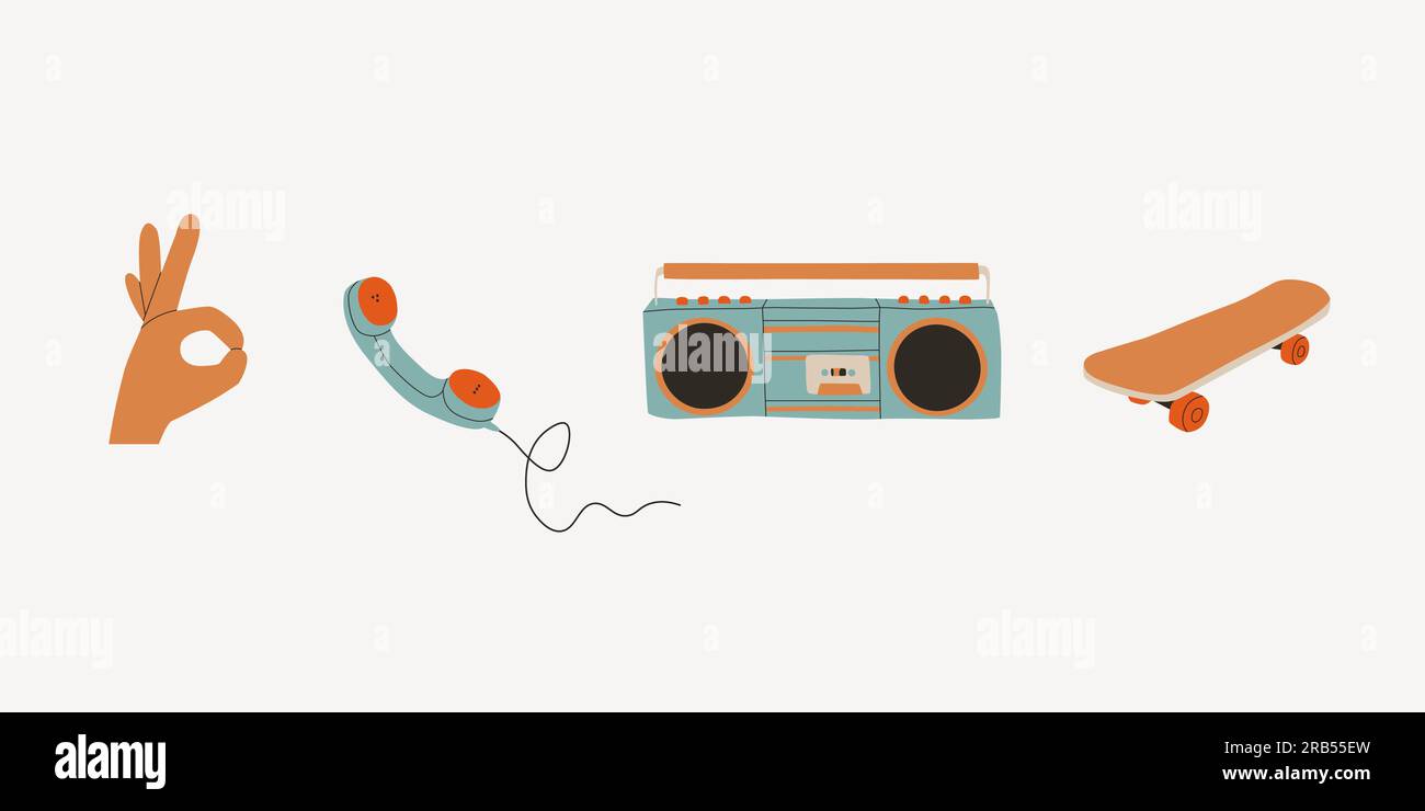 Set of retro elements from the 80s and 90s. Hand gesture ok, tape ...