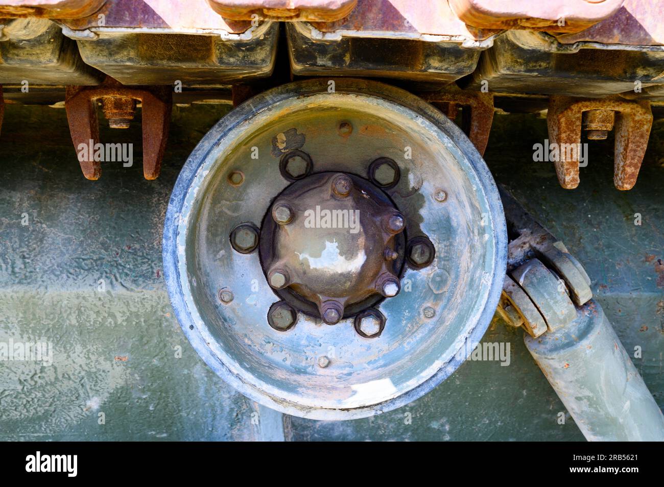 Close-up of the internal upper wheel of the caterpillar, of the chains ...