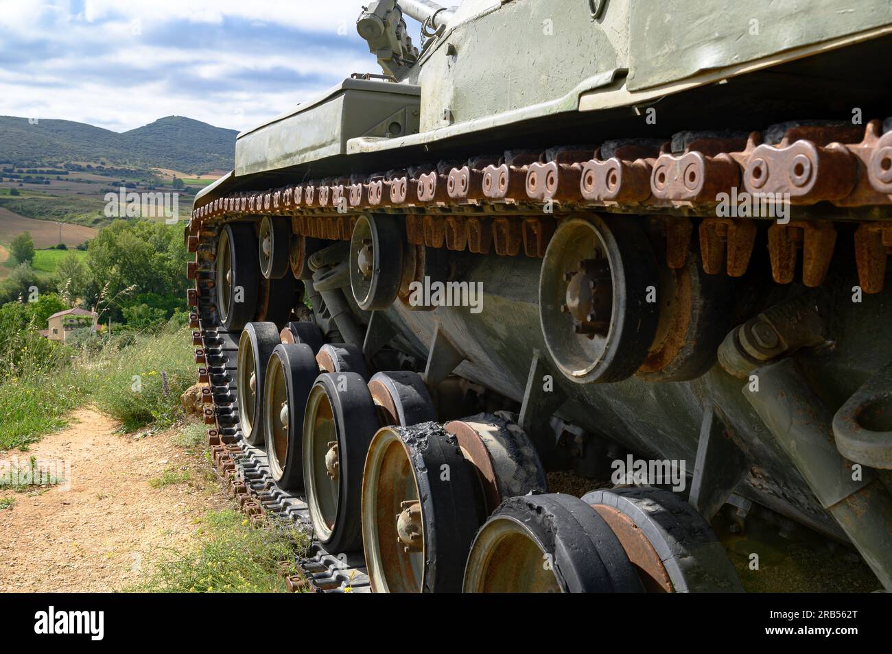 Close-up of the caterpillar, of the chains and traction wheels of an ...