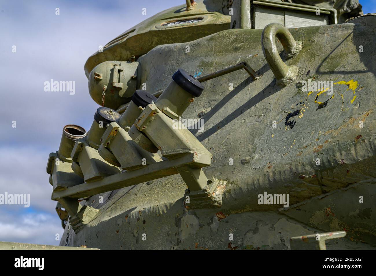 Close-up of the turret rocket launchers of an old tank, armored car ...