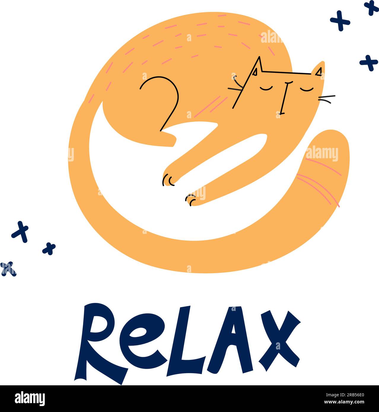 Illustration The cat curled up and sleeps. Cute poster hand-drawn cat ...