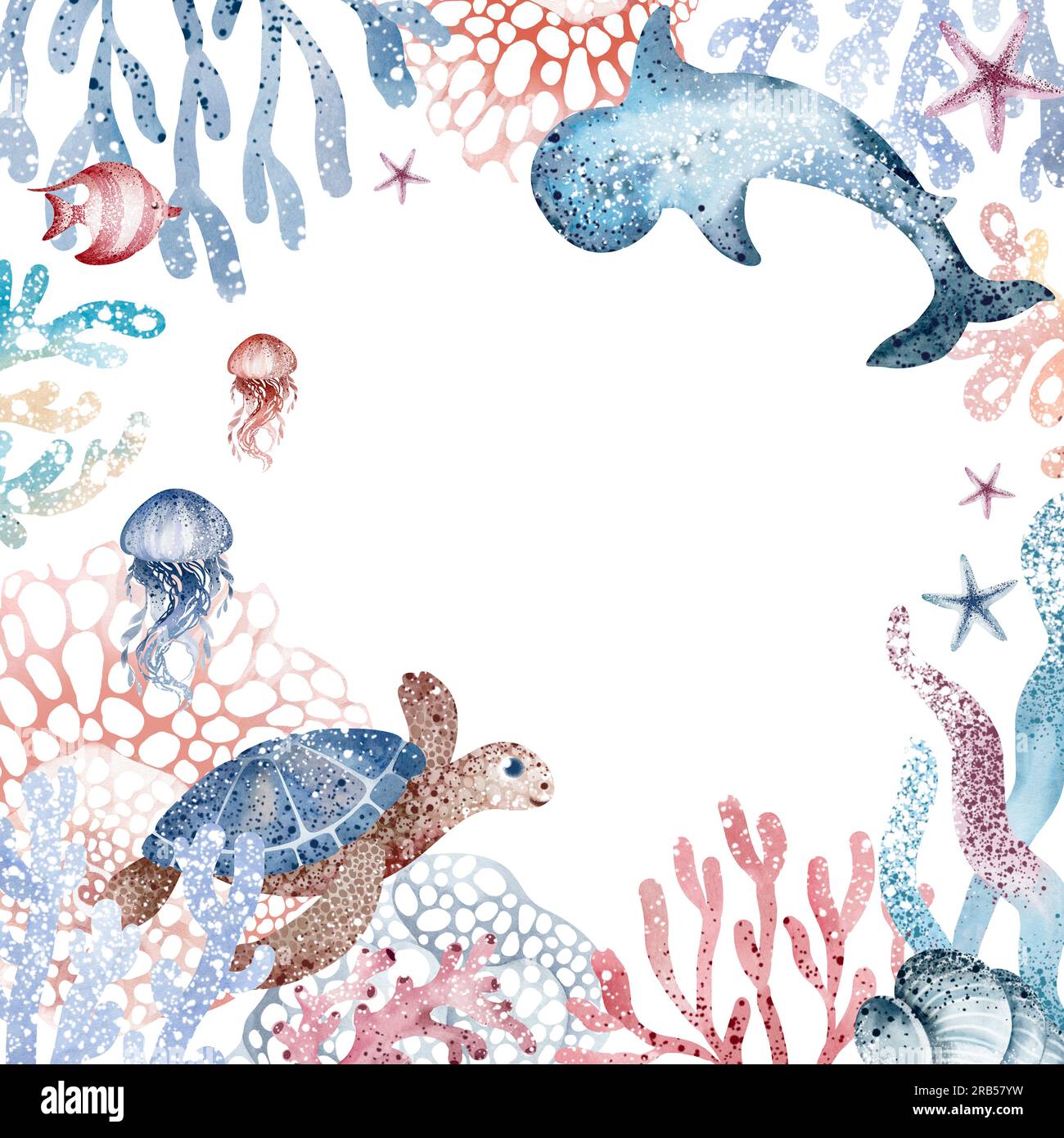 sea animals frame. Frame text space from ocean fish, turtle, whale and ...