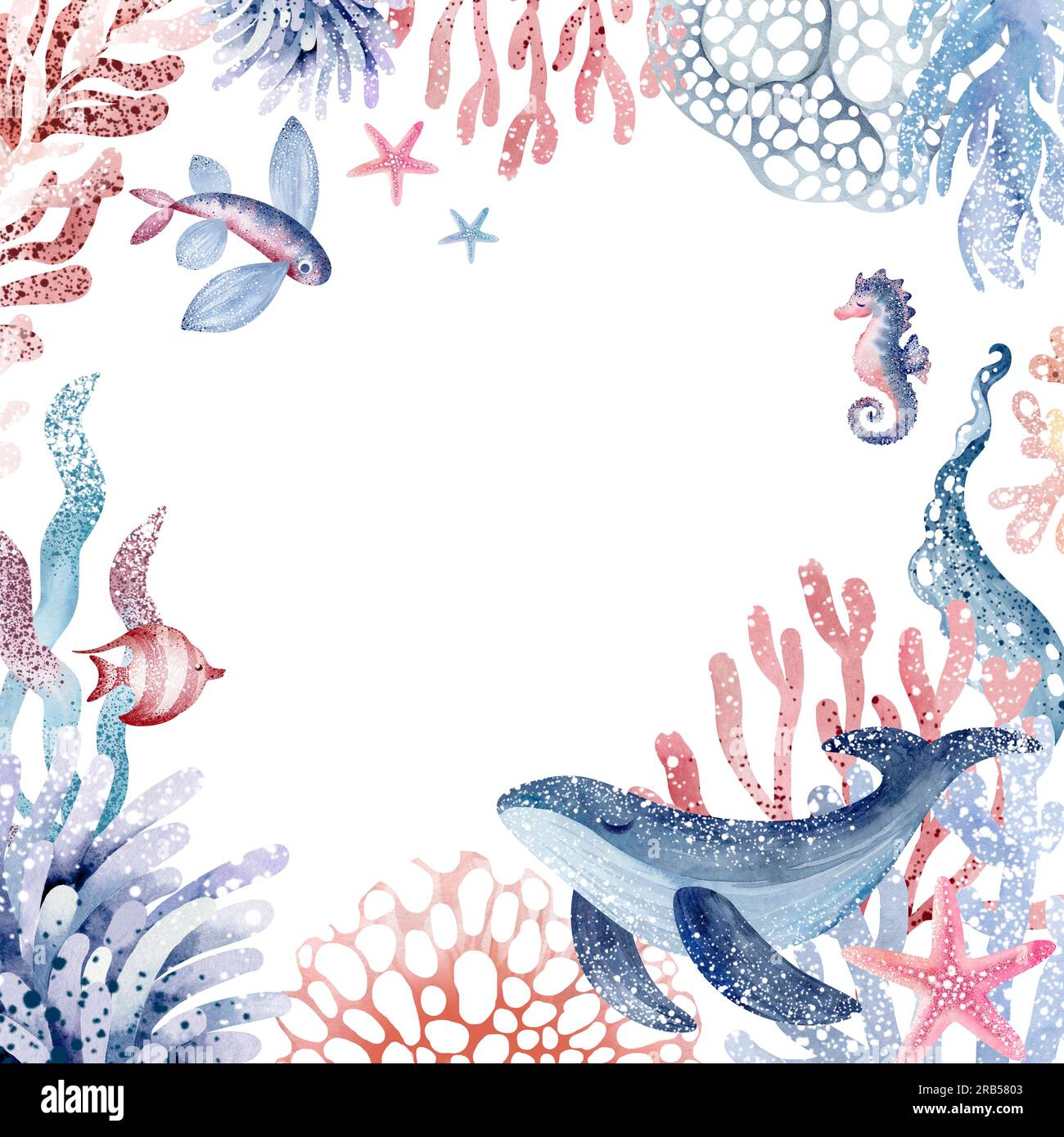sea animals frame. Frame text space from ocean fish, turtle, whale and ...