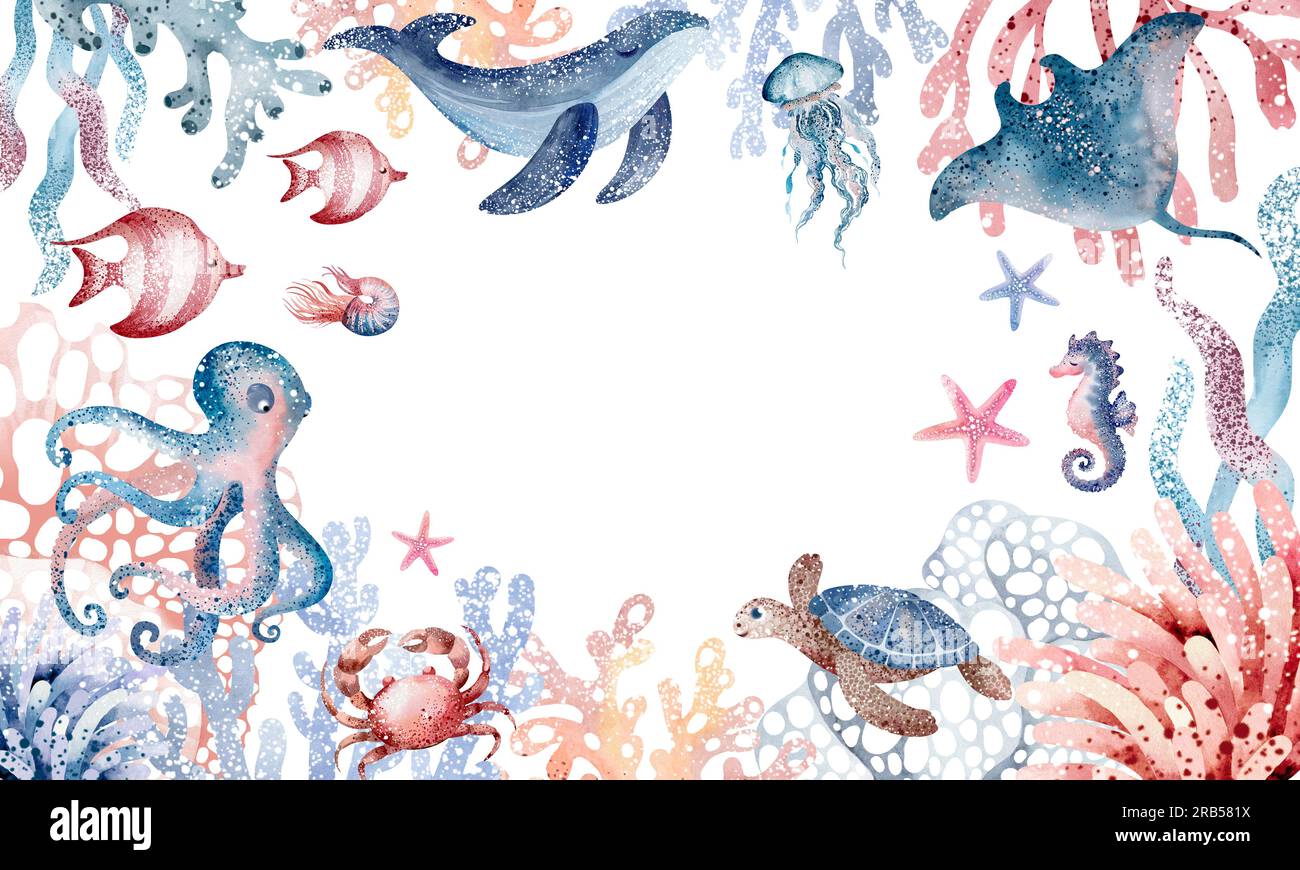 sea animals frame. Frame text space from ocean fish, turtle, whale and ...