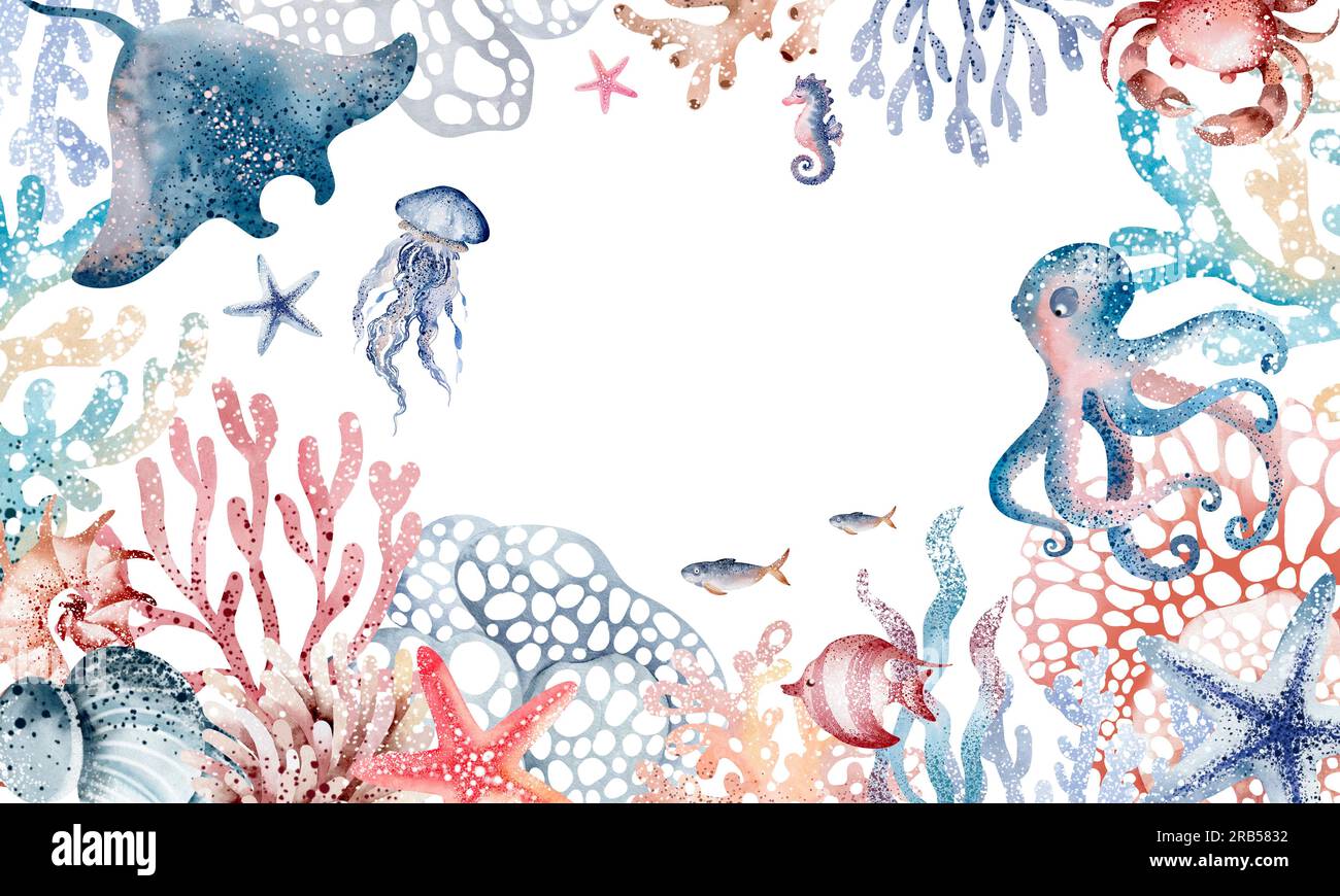 sea animals frame. Frame text space from ocean fish, turtle, whale and ...