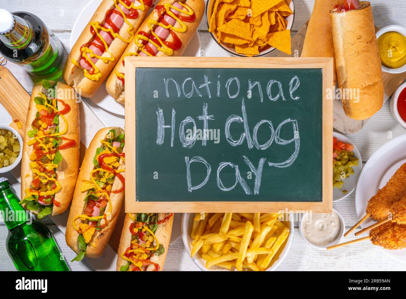 National Hot Dogs day background, hotdog summer party festival foods ...