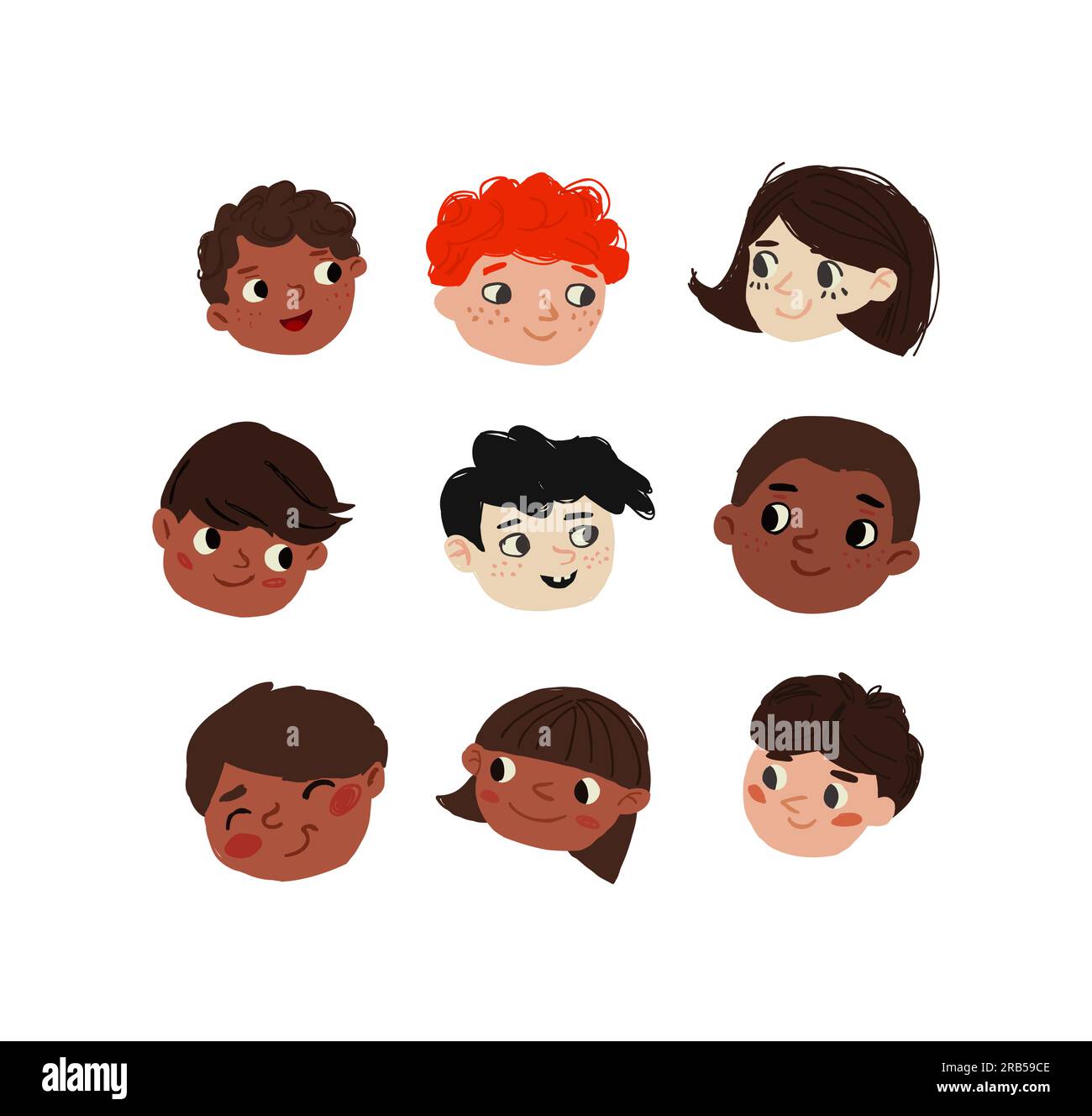 Cute cartoon children avatars set. Diverse kids faces in simple hand ...