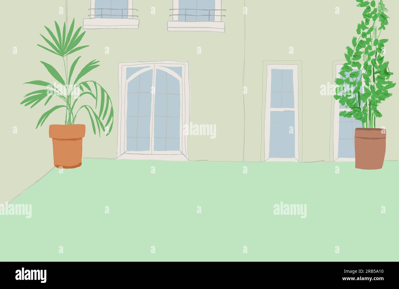 City street with park and buildings behind fence. Vector cartoon ...