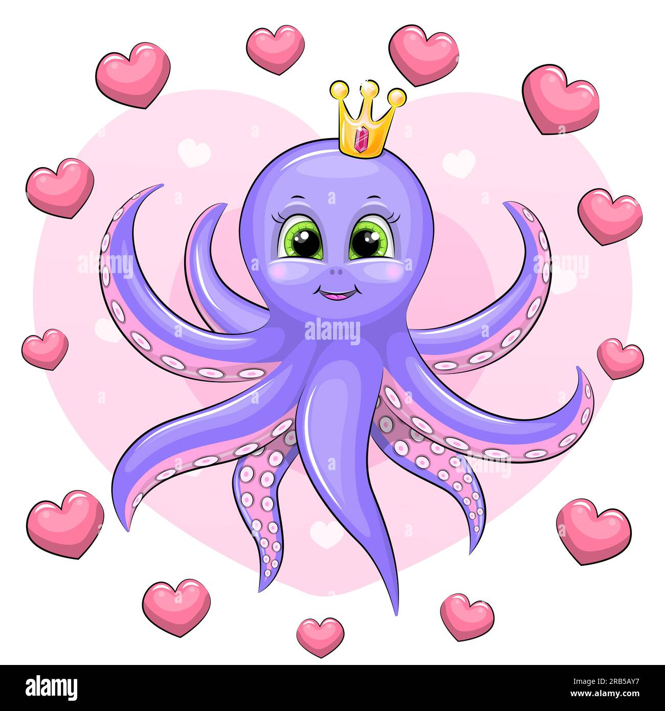 Cute cartoon octopus with a crown in a heart frame. Vector illustration ...