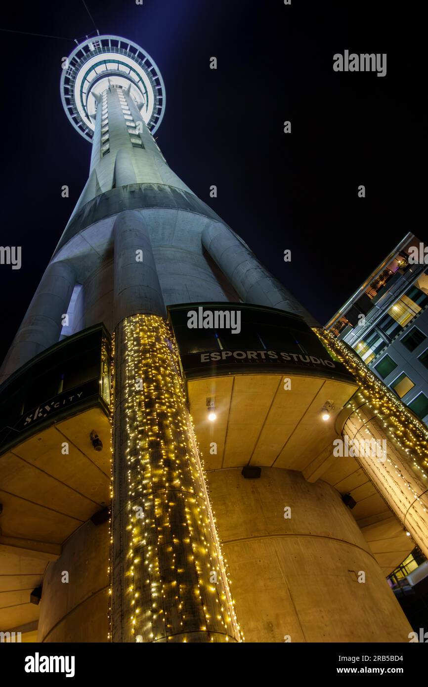 Auckland New Zealand - July 1 2023; Sky Tower illuminated and reaching ...