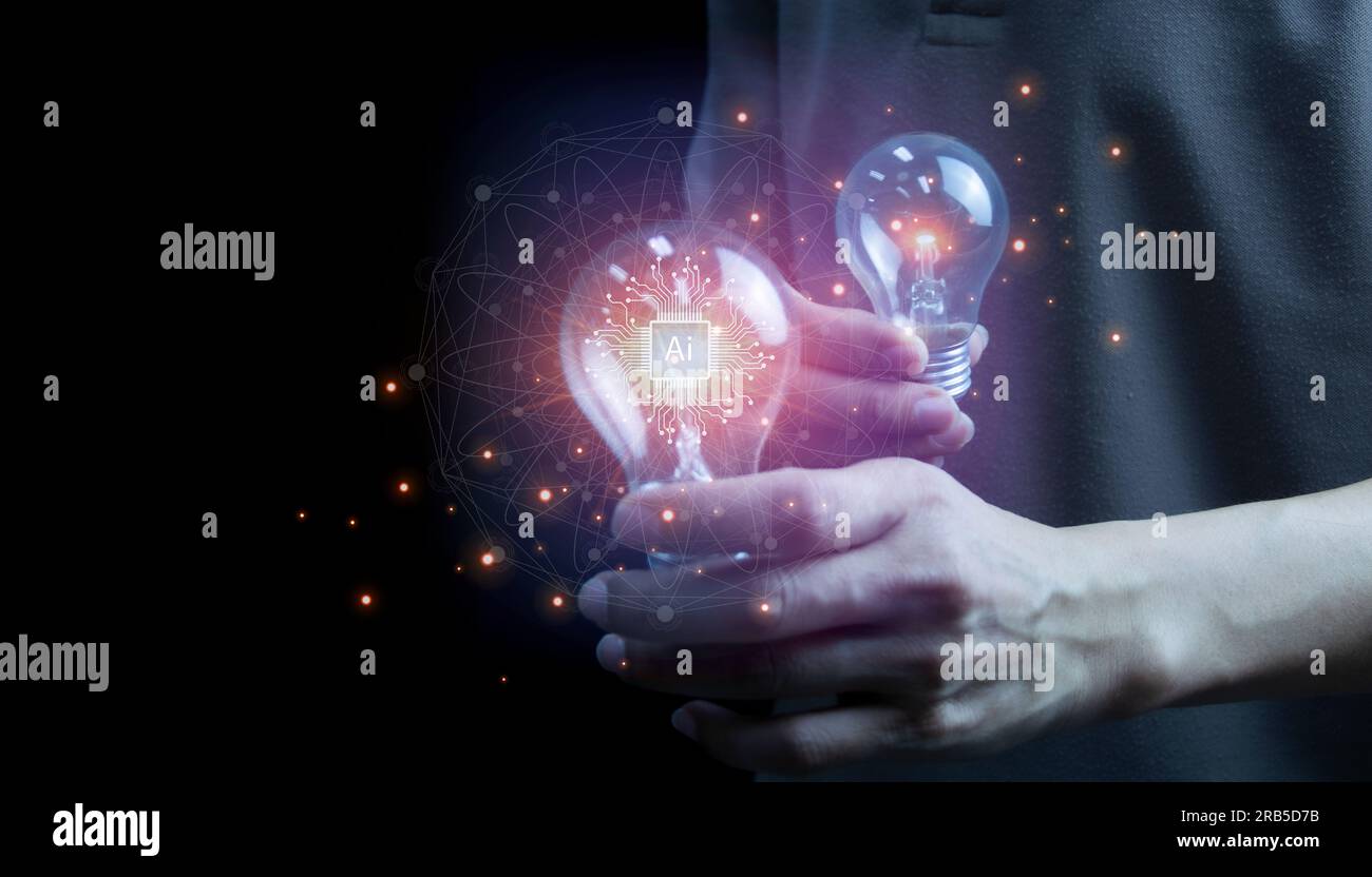 Man holding light bulb, new idea with AI technology, innovation and ...
