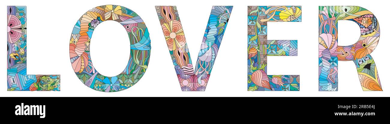 Hand-painted art design. Hand drawn illustration word LOVER for t-shirt ...