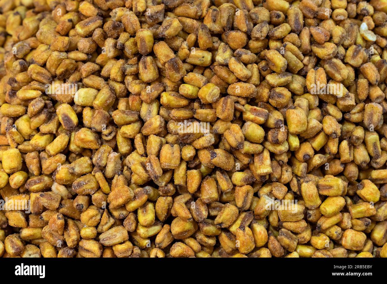 Roasted salted corn snack. Toasted corn nuts. Pattern of yellow corn ...