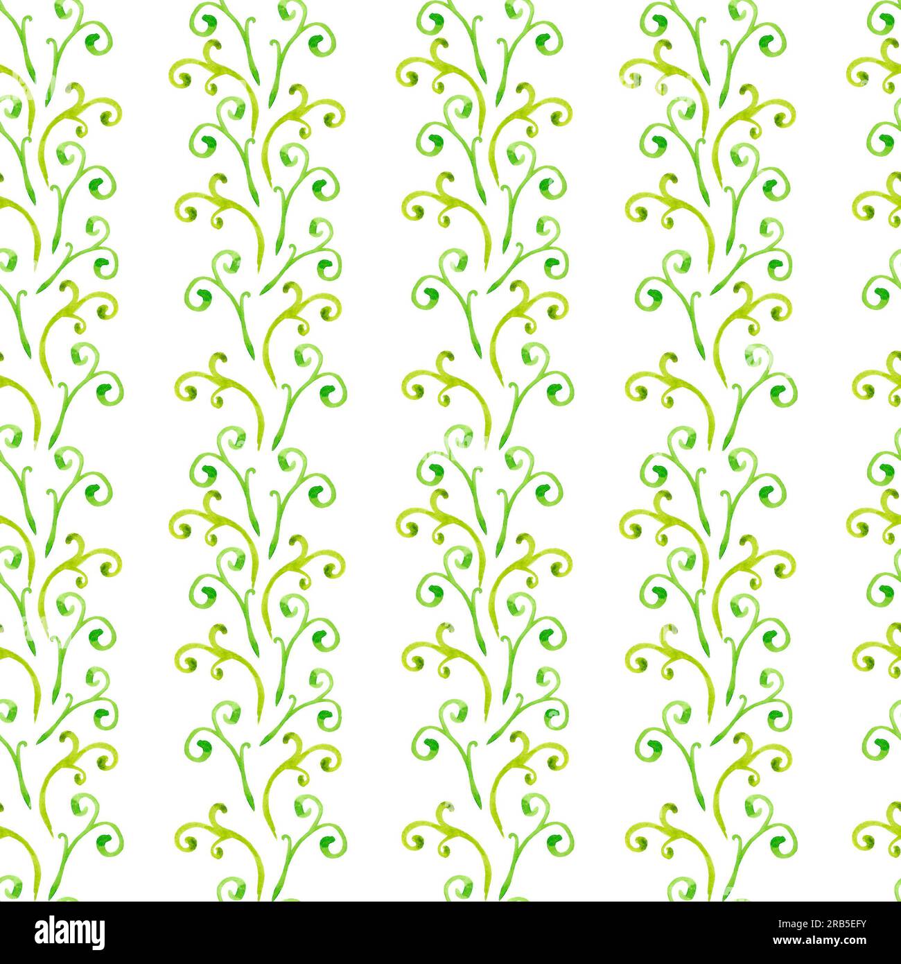 Hand drawn watercolor green curls seamless pattern isolated on white ...