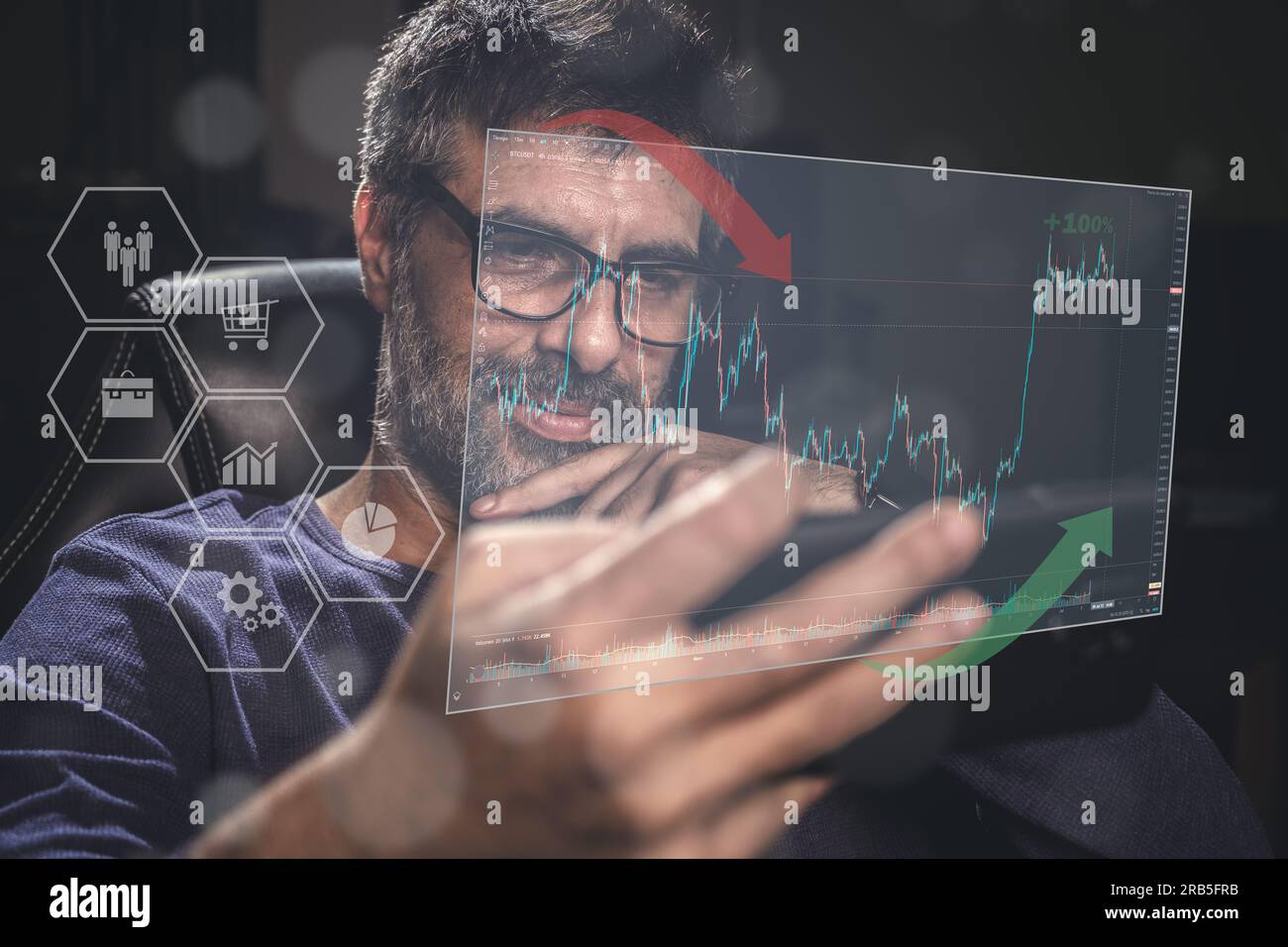 Success-focused trader. Businessman examining the market through his ...