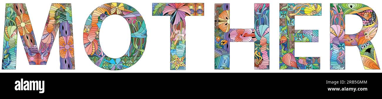 Hand-painted art design. Hand drawn illustration word MOTHER for t ...