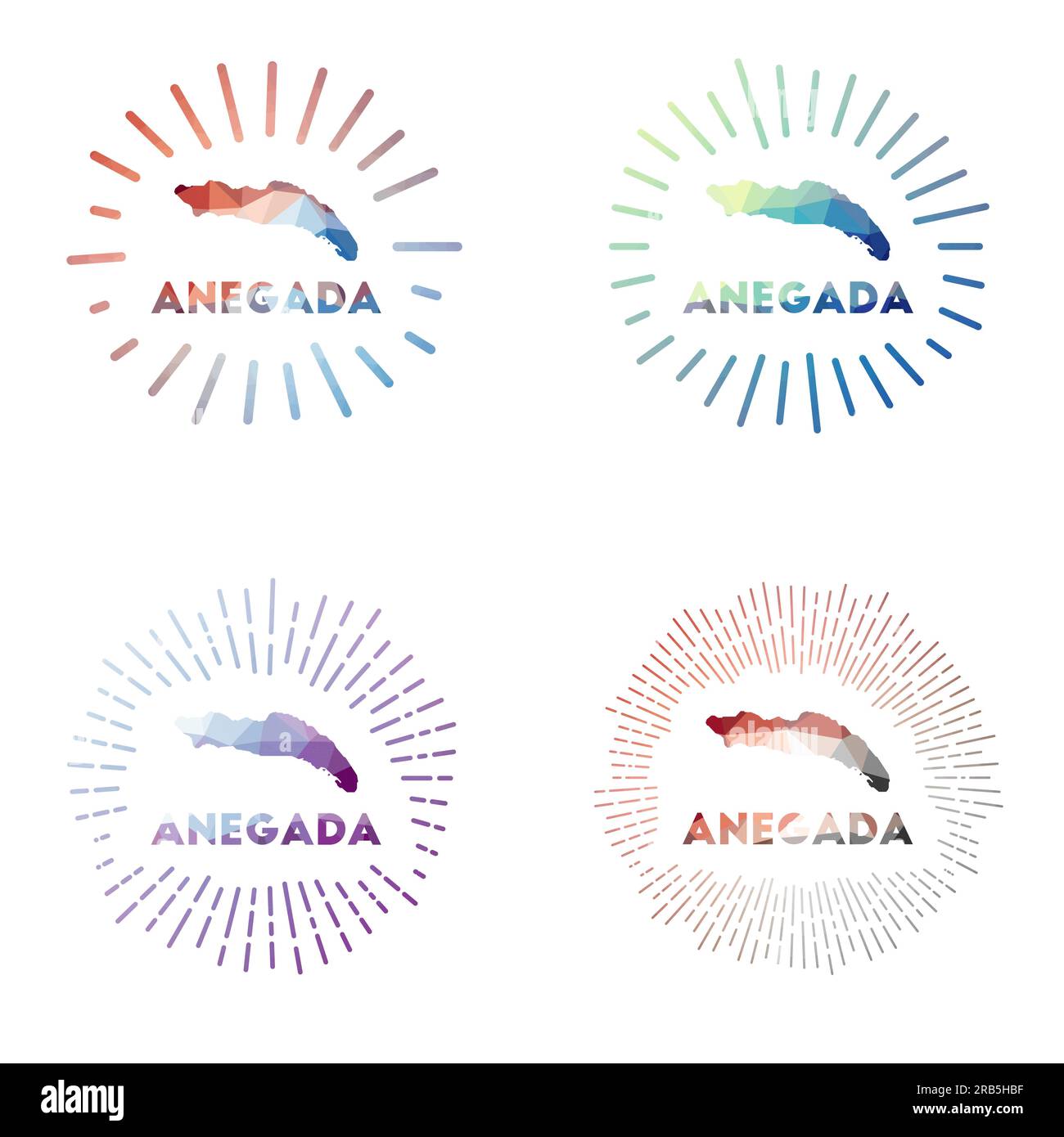 Anegada low poly sunburst set. Logo of island in geometric polygonal ...