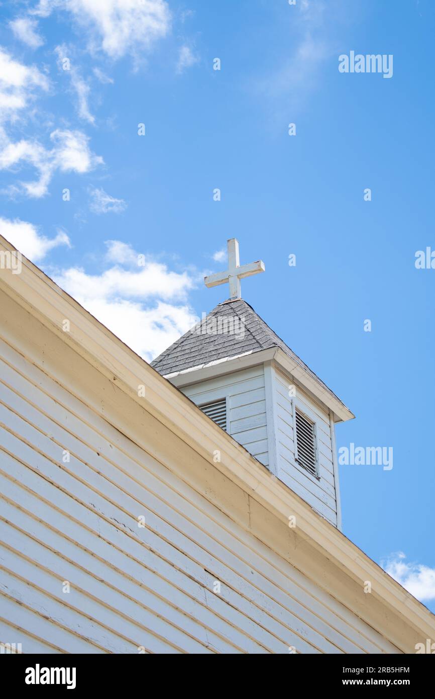 Old white church steeple and cross Stock Photo - Alamy