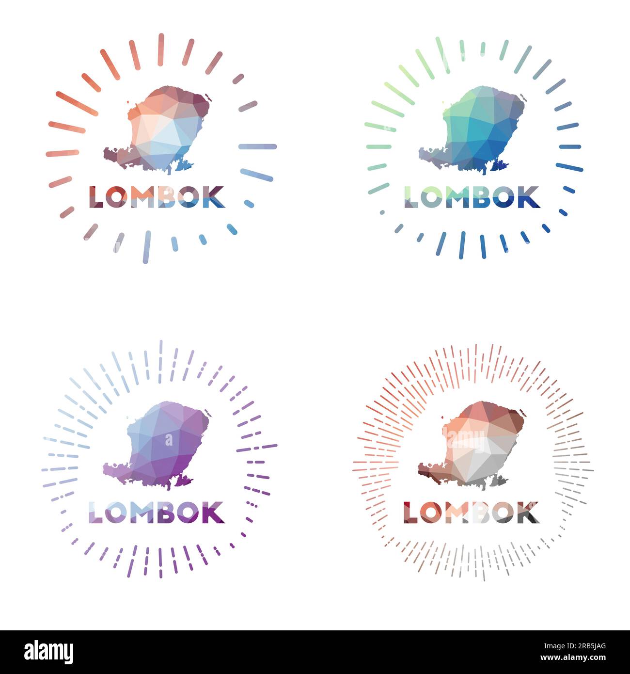 Lombok low poly sunburst set. Logo of island in geometric polygonal ...