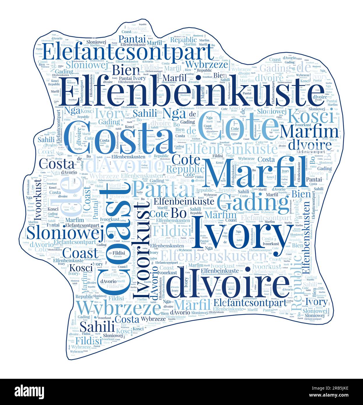 Ivory Coast shape filled with country name in many languages. Ivory ...