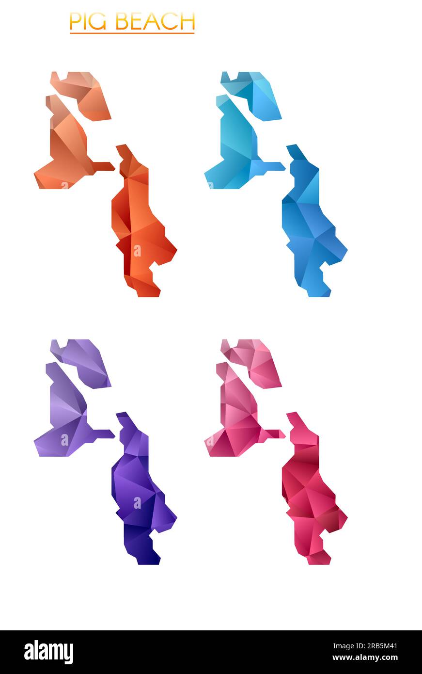 Set of vector polygonal maps of Pig Beach. Bright gradient map of ...