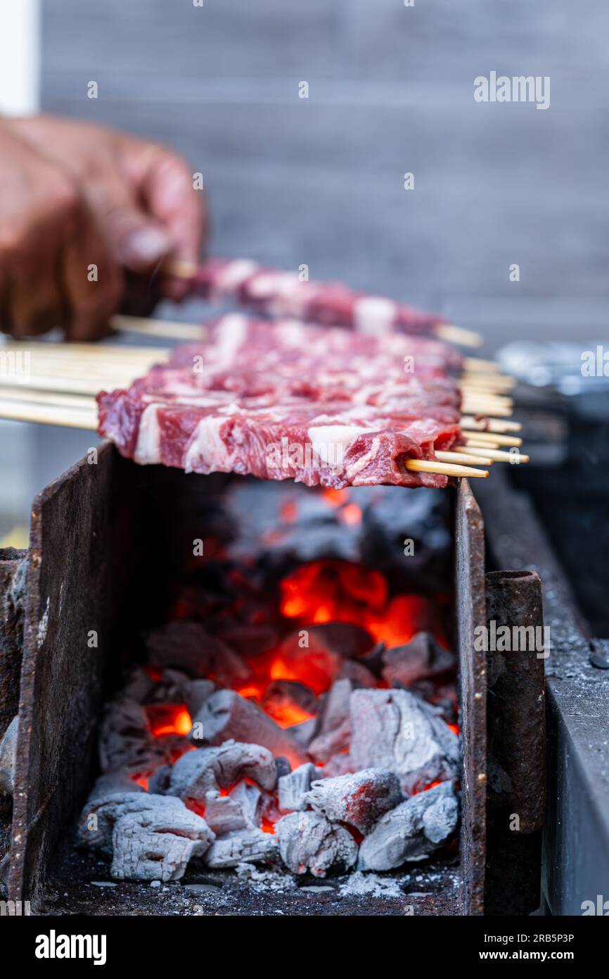 Close-up of a row of "arrosticini" ready to be cooked. A typical dish ...