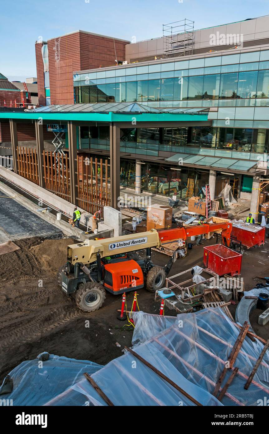 Workers and equipment in construction of a healthcare facility Stock ...