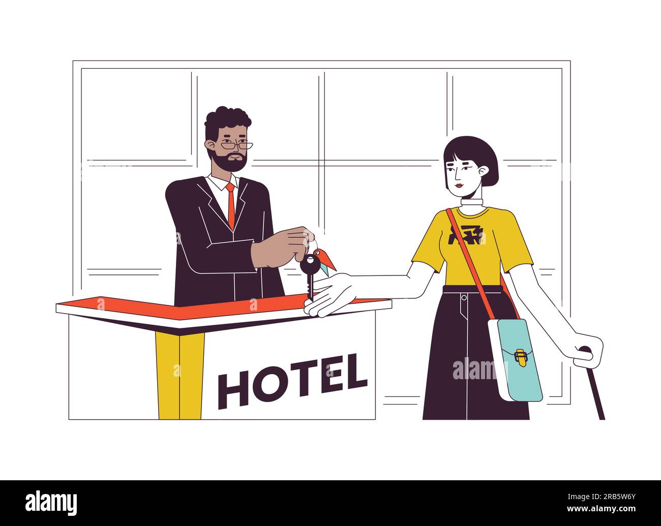 Hotel front desk check in flat line vector spot illustration Stock ...