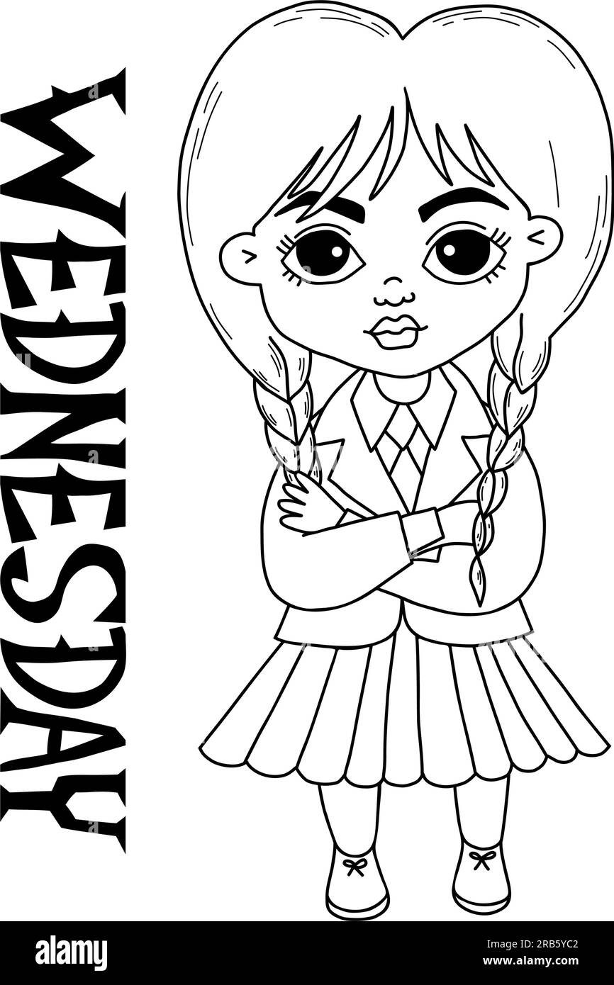 Cute Wednesday girl with braids. Hand drawn outline. Vector ...