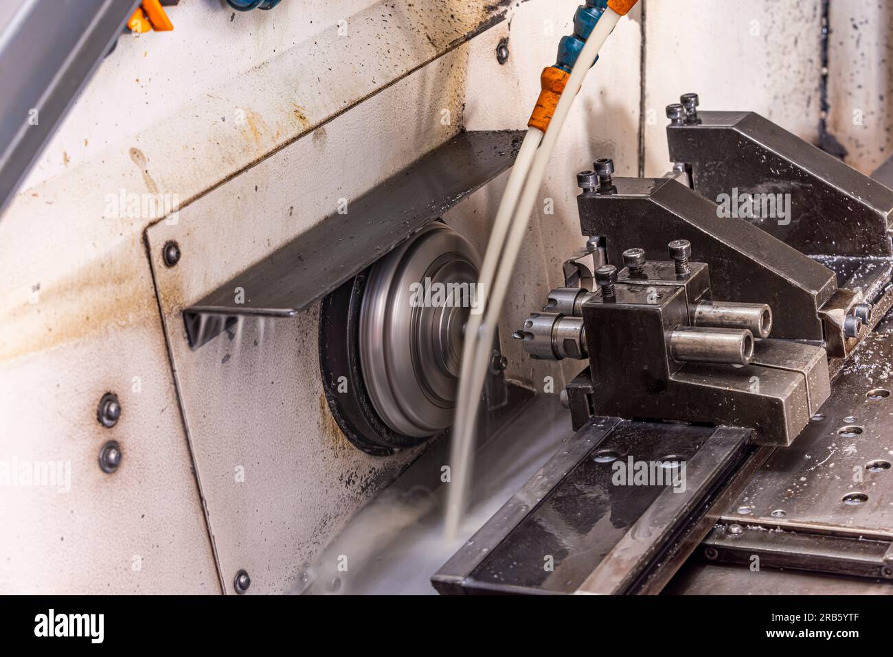 Milling metalworking process. Industrial CNC metalworking with vertical ...