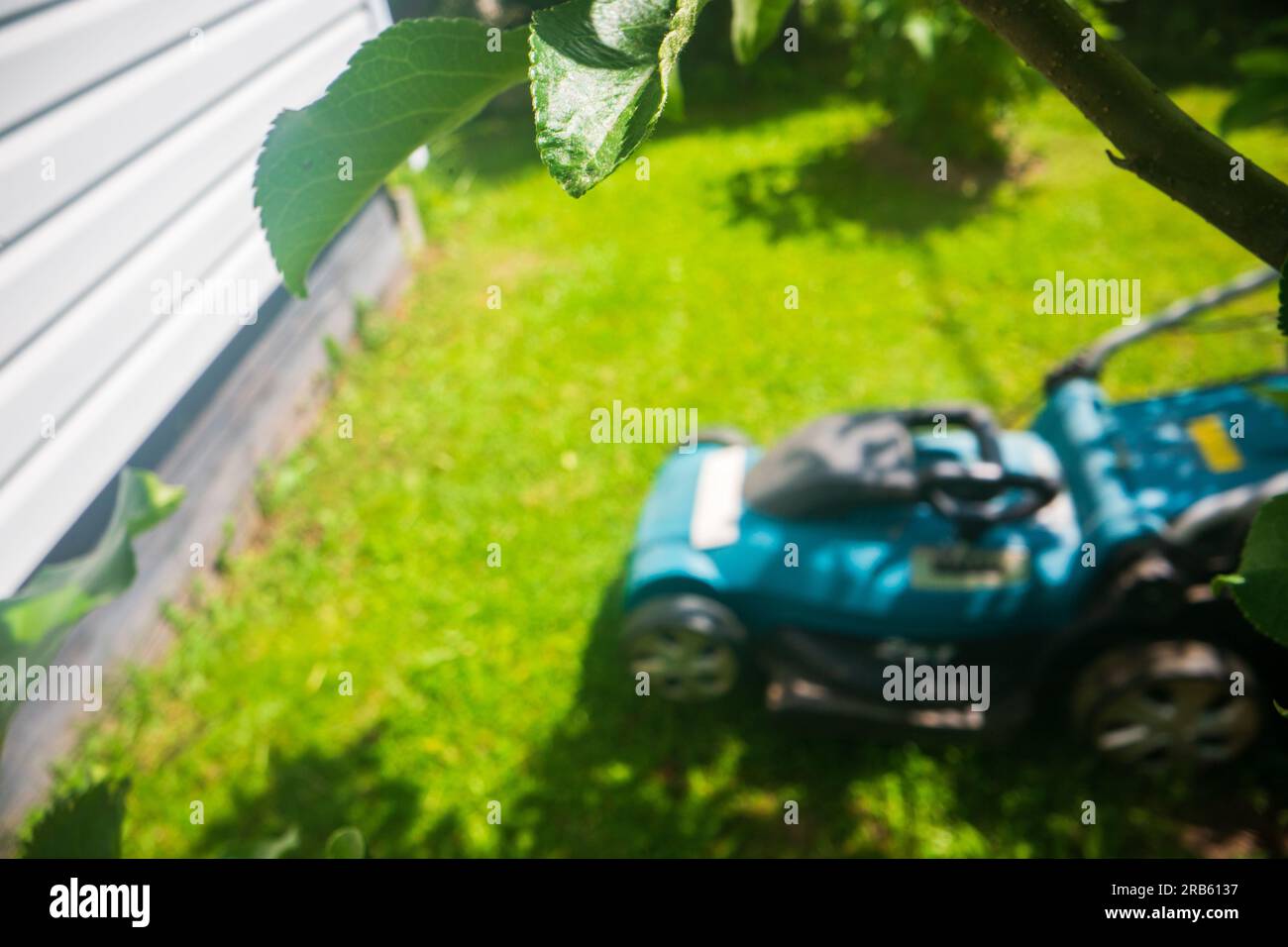 Lawn mover on green grass in modern garden or backyard. Machine for ...