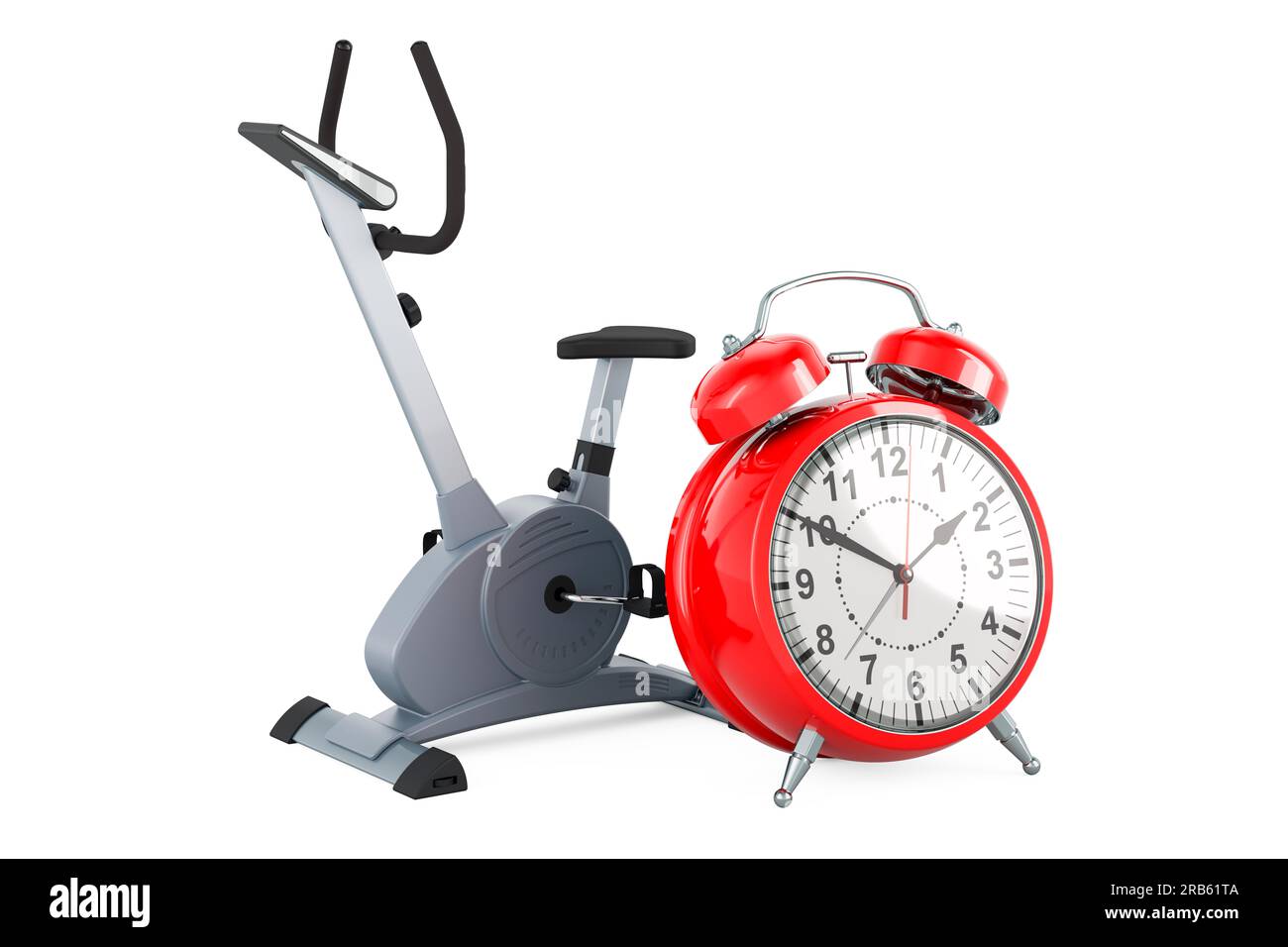 Exercise bike with alarm clock, 3D rendering isolated on white ...
