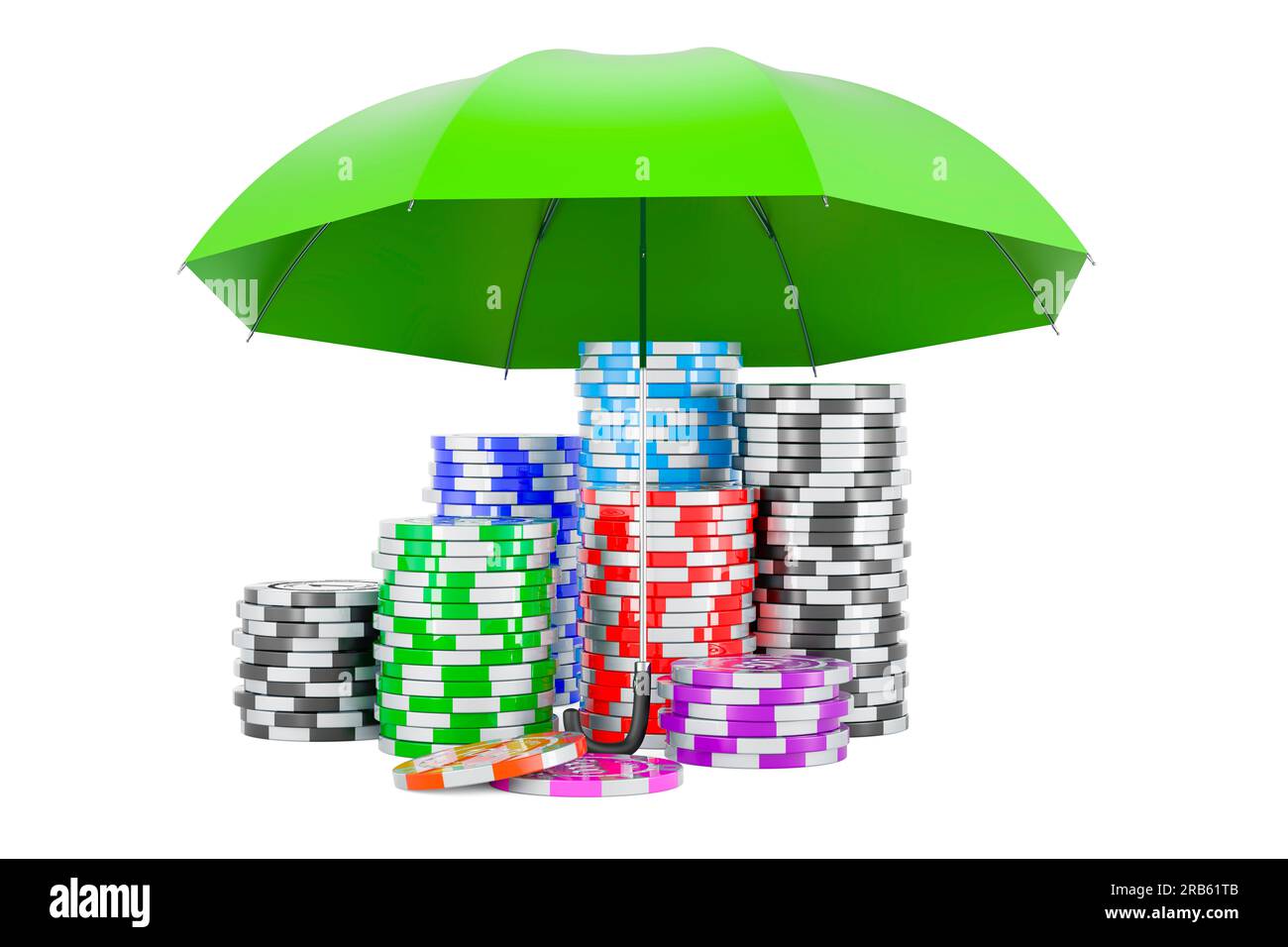 Casino tokens under umbrella, 3D rendering isolated on white background ...