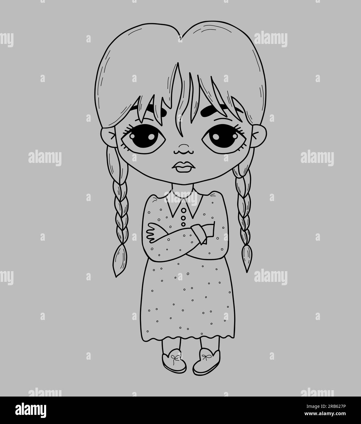 Little cute Wednesday girl with braids with dress. Vector illustration ...