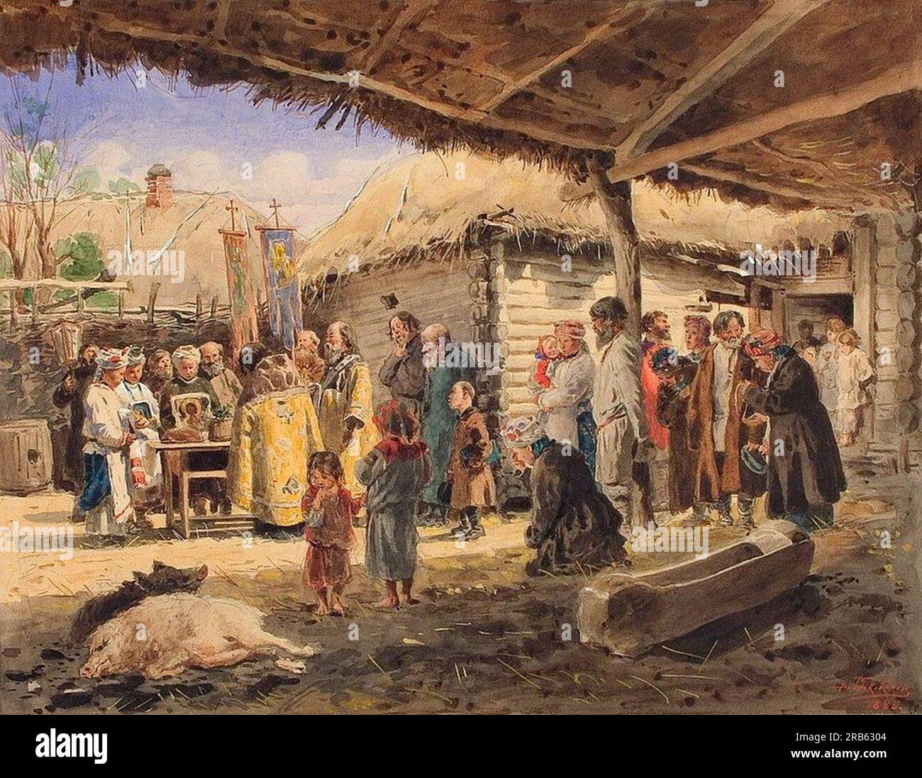 Prayer service at the farm in Ukraine. Sketch for the painting "Prayer ...