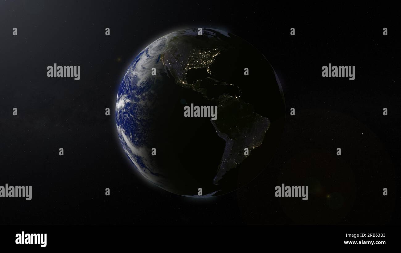 Planet Earth focused on South and North America by night. Illuminated ...