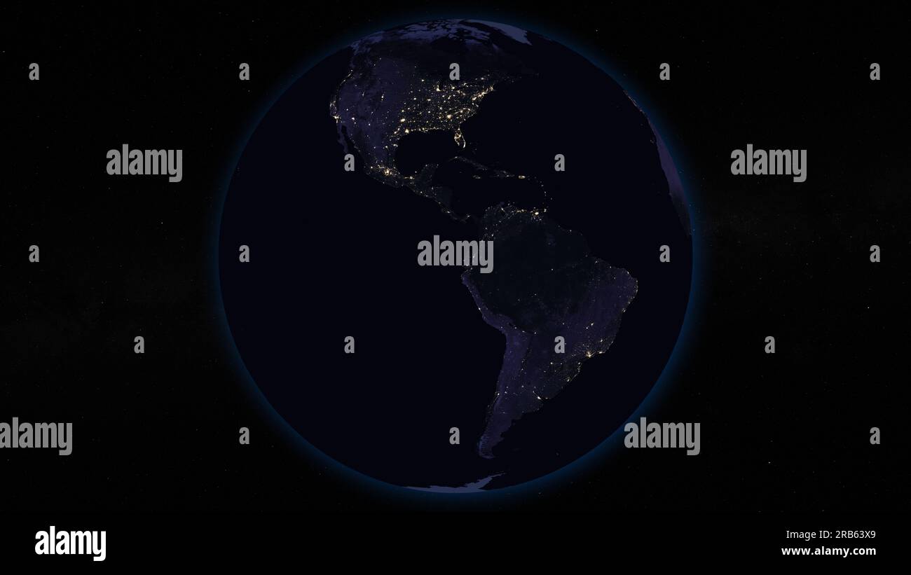 Planet Earth focused on South and North America by night. Illuminated ...