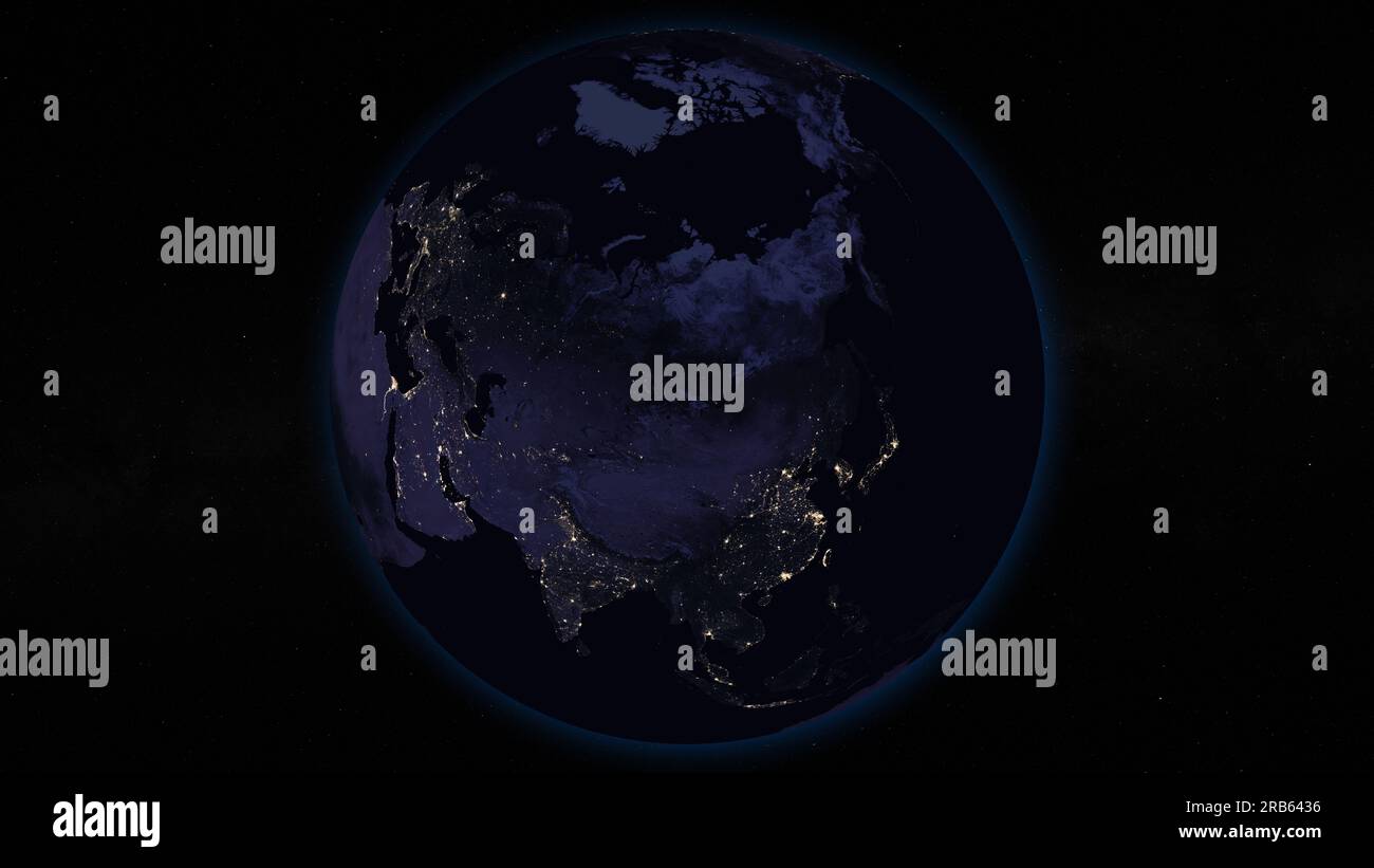 Planet Earth focused on Asia by night. Illuminated cities on dark side ...
