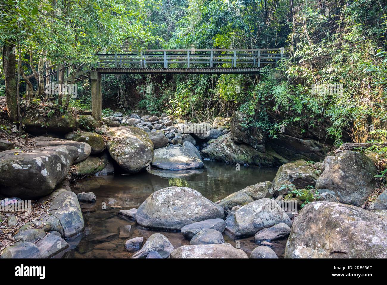 Old iron footbridge over a stream with boulders in a tropical forest ...