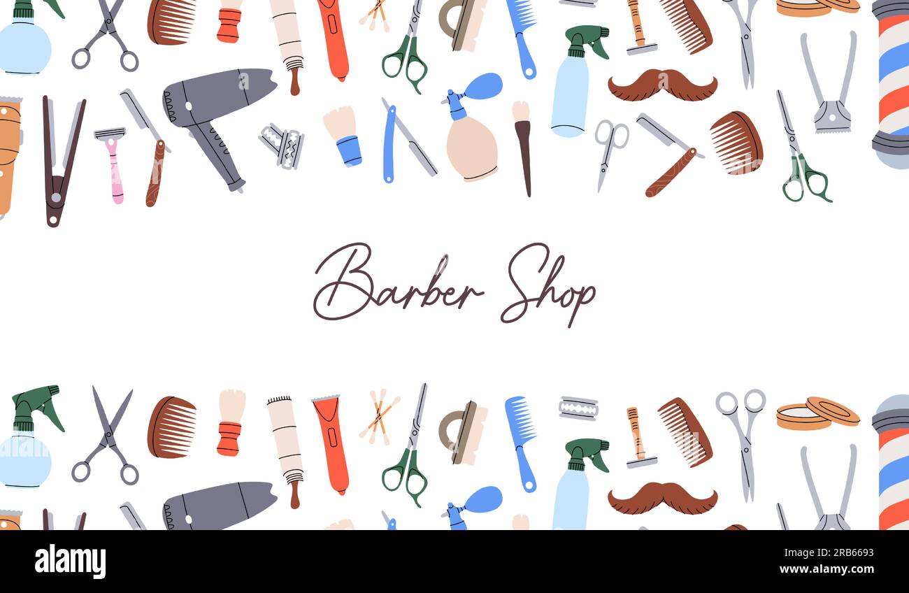 Barber shop horizontal background. Hairdressing tool kit. Barber pole ...