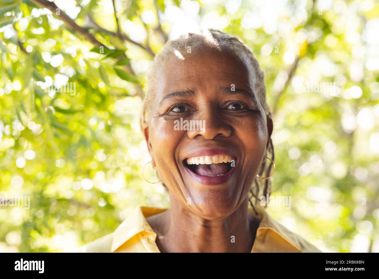 Portrait of happy senior african american woman in sunny nature. Senior ...
