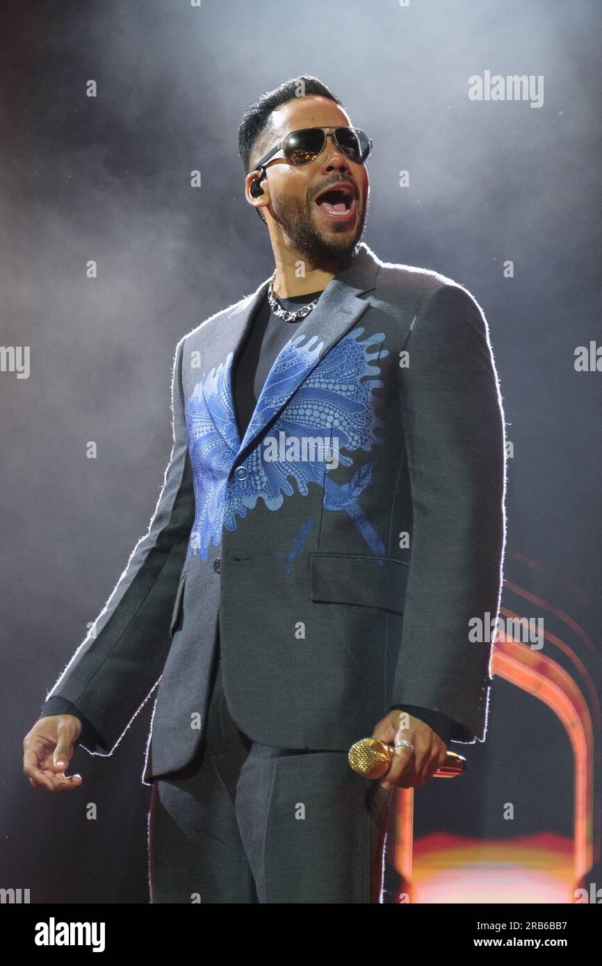 American singer Romeo Santos perform on stage at WiZink Center on July ...