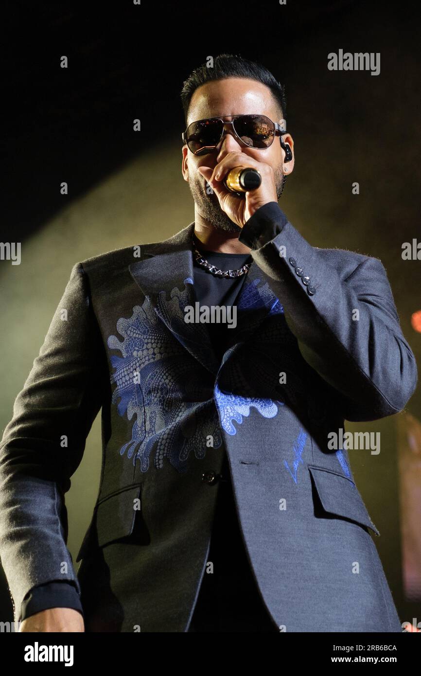 American singer Romeo Santos perform on stage at WiZink Center on July ...