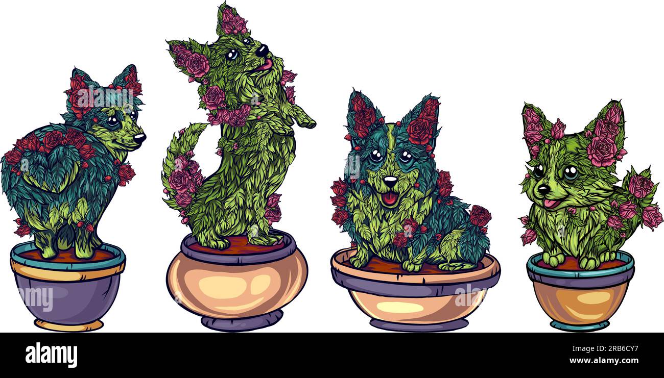 green tree bushes with red roses in the form of cute corgi. Formed bush ...