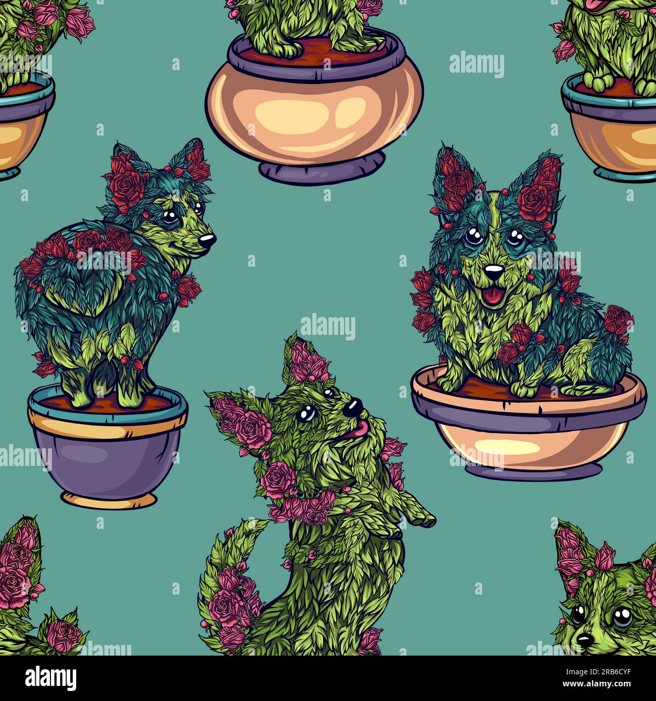 illustration of corgi shaped trees with pink flowers in cartoon style ...